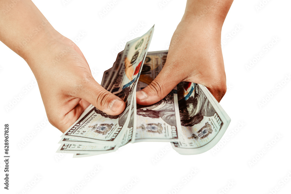 manos contando y entregando dinero en efectivo, en fondo blanco Stock ...