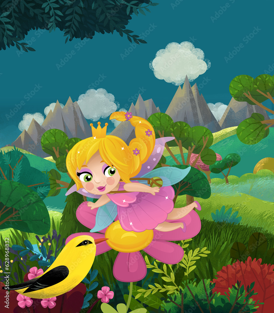 cartoon happy fairy tale scene with nature forest and funny elf Stock ...