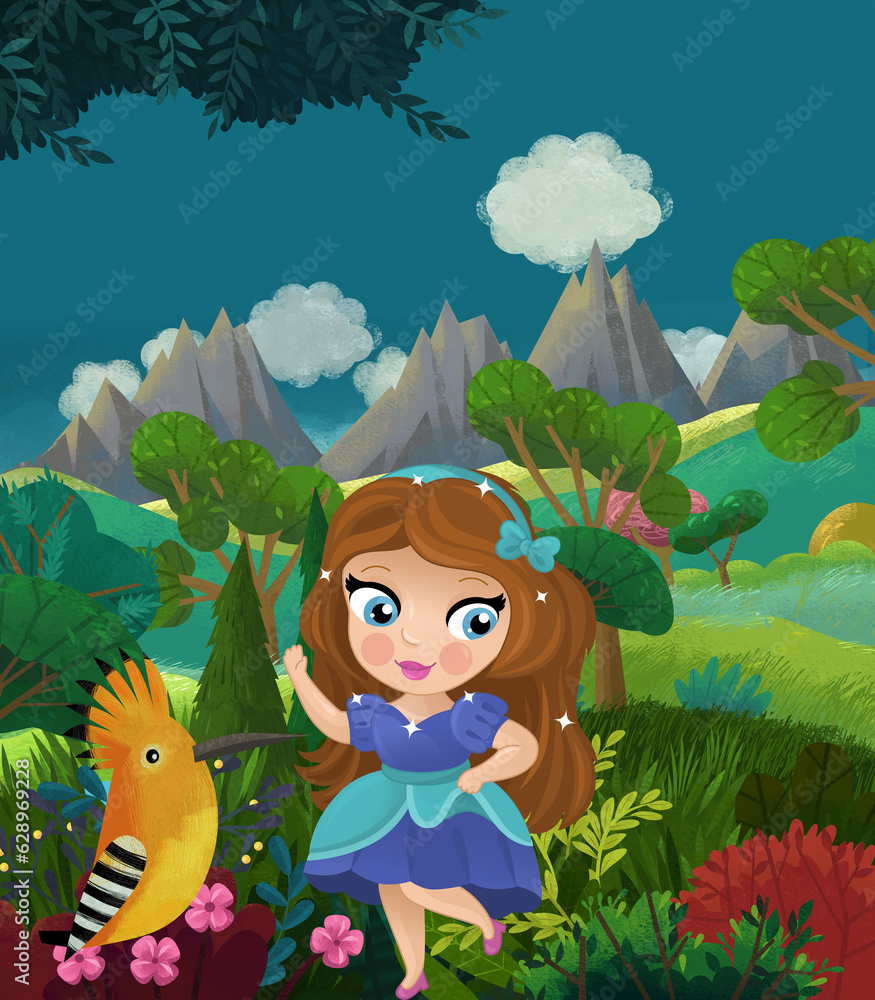 cartoon happy fairy tale scene with nature forest and funny elf Stock ...
