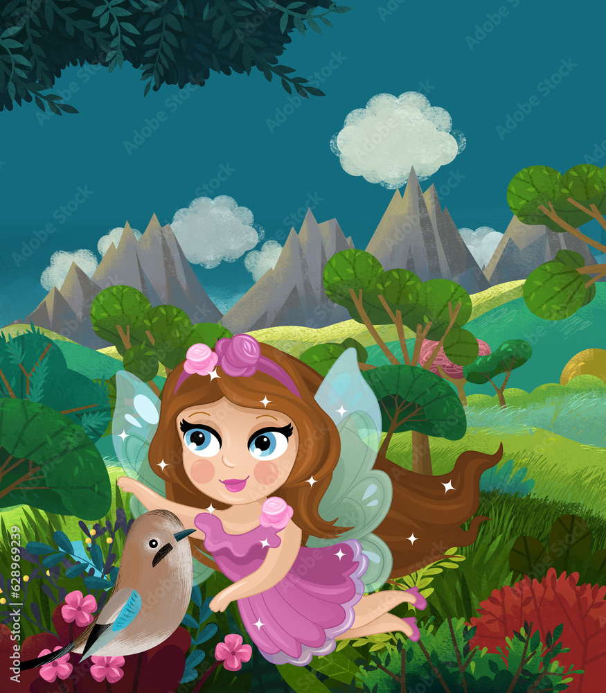 cartoon happy fairy tale scene with nature forest and funny elf Stock ...