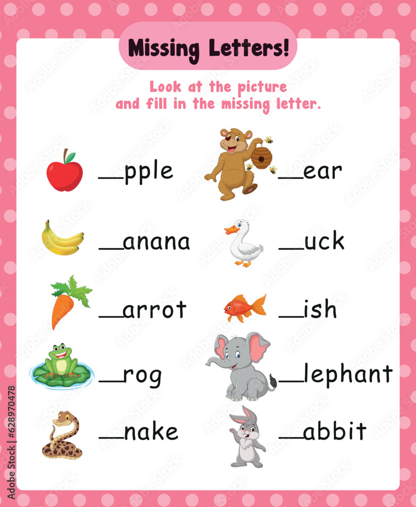 MISSING LETTERS ENGLISH LANGUAGE LEARNING Stock Vector | Adobe Stock