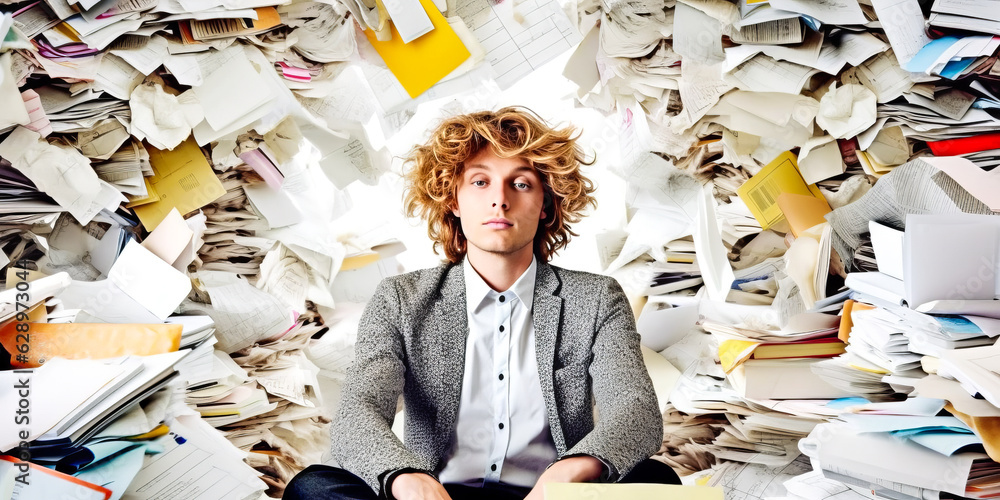 Captivating scene of a tranquil man meditating amidst a whirlwind of ...