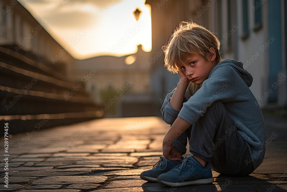 Little sad child sitting on the street of the city Stock Photo | Adobe ...