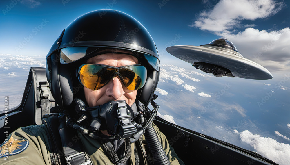 fighter jet pilot in helm and flying saucer UFO white disc UAP with ...