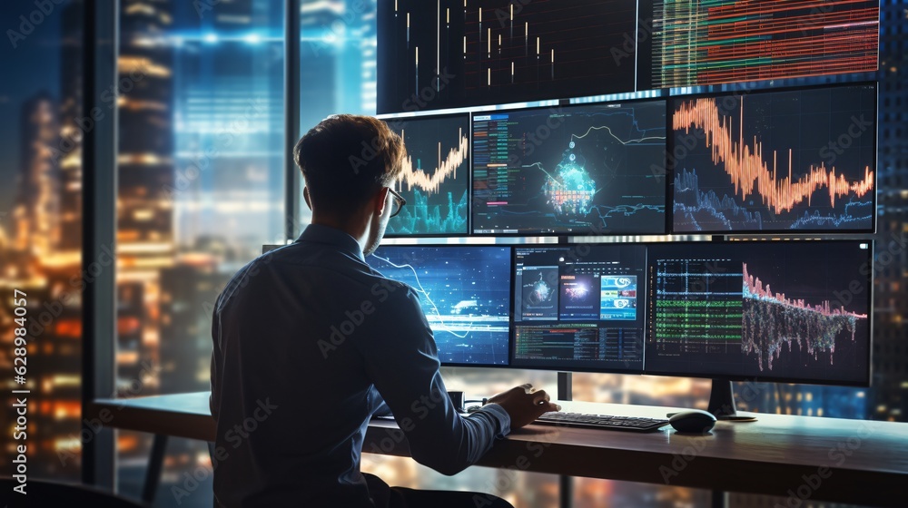 Financial analysts or traders monitoring real-time financial data and analytics dashboards ...