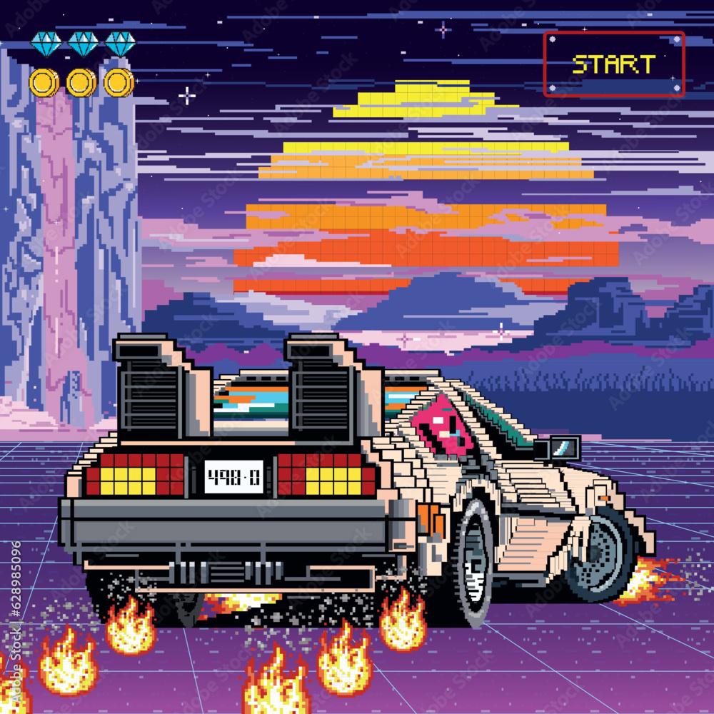 Retro futuristic delorean on the background of the landscape of the ...