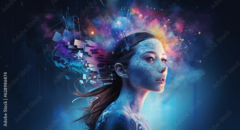a woman's head, artificial intelligence model, radiant colors and ...