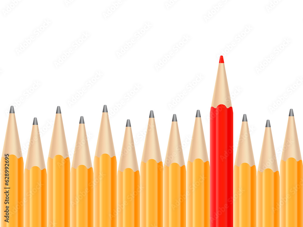 Line of simple pencils and one red pencil. Standing out of the crowd ...