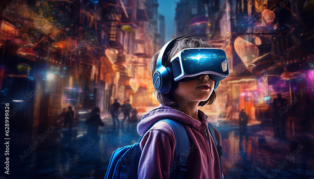 A boy immersed in a virtual reality experience, his eyes hidden behind ...