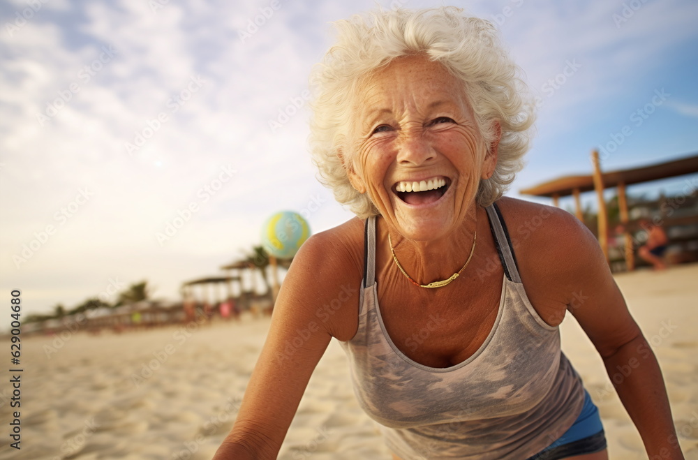 Frau in Rente die in die Kamera lacht und ihr Leben am Strand in der ...