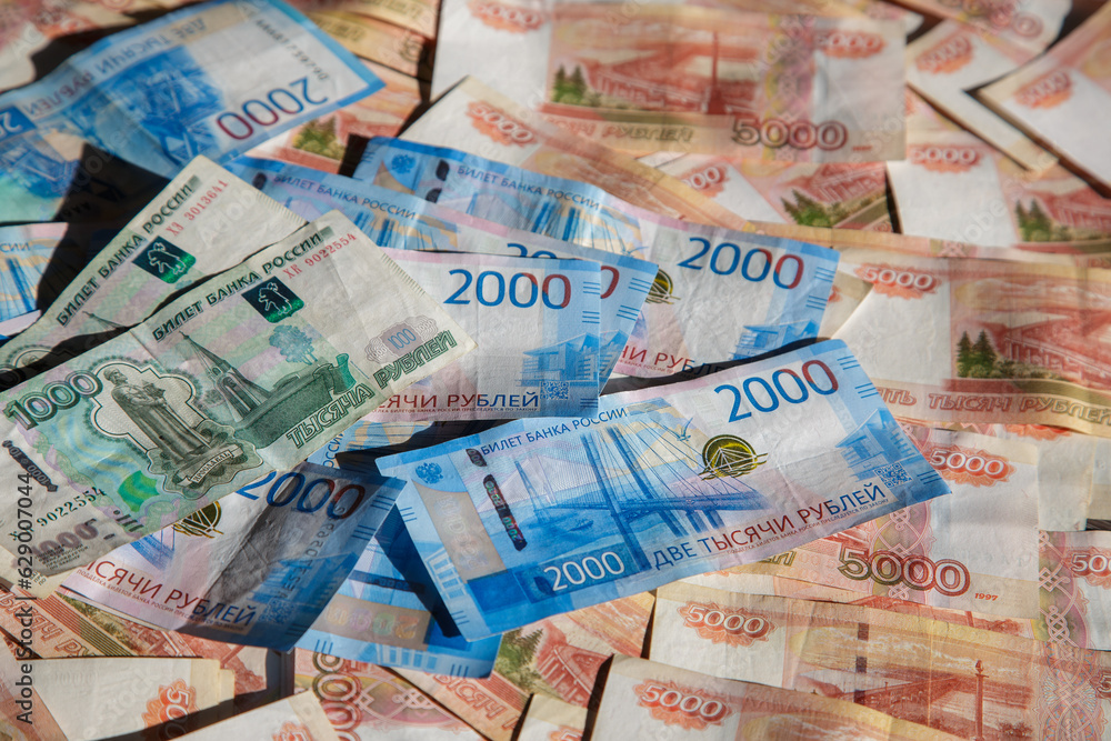 Russian money. Close-up of Russian rubles. Different denomination of ...