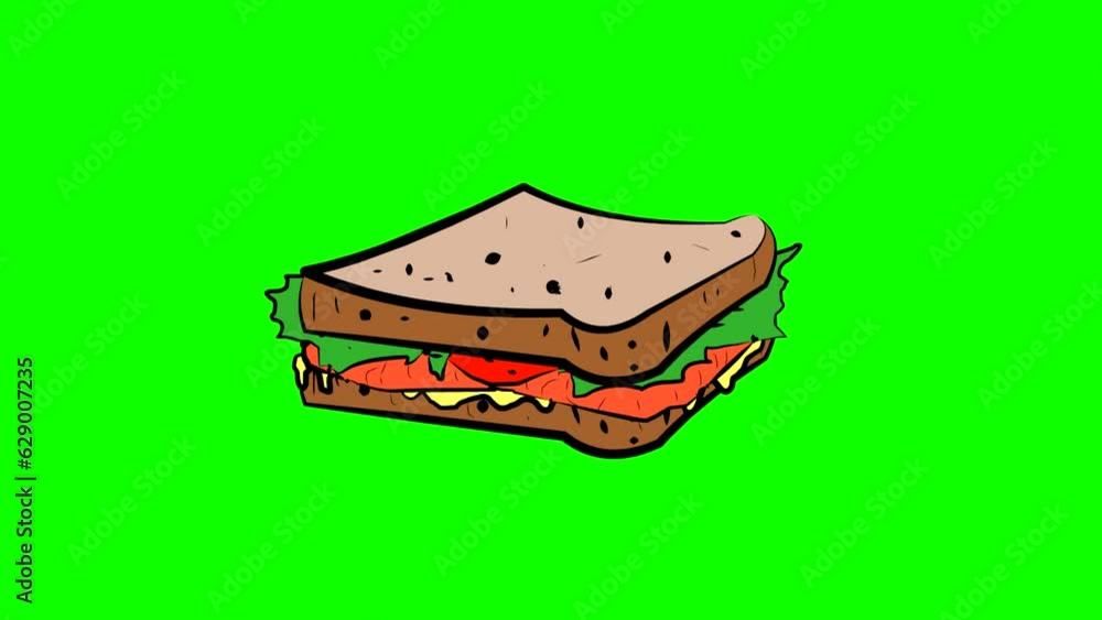 Animated sandwich in cartoon style with green background, 2d animation ...