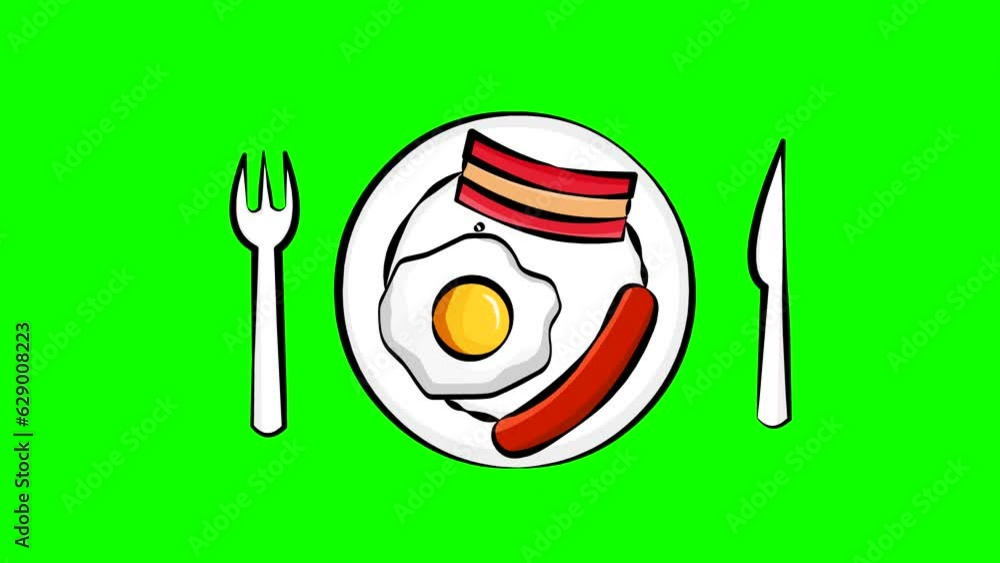 Dish with food, fork and knife animated in cartoon style with green ...