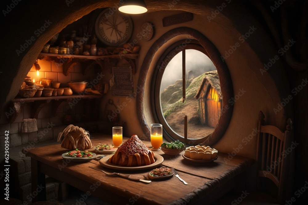 Kitchen setup of Hobbit home with food on the table in a fantasy house ...