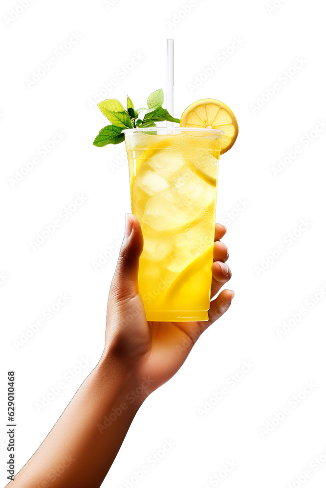 Hand holding fresh lemonade drink on isolated transparent background ...
