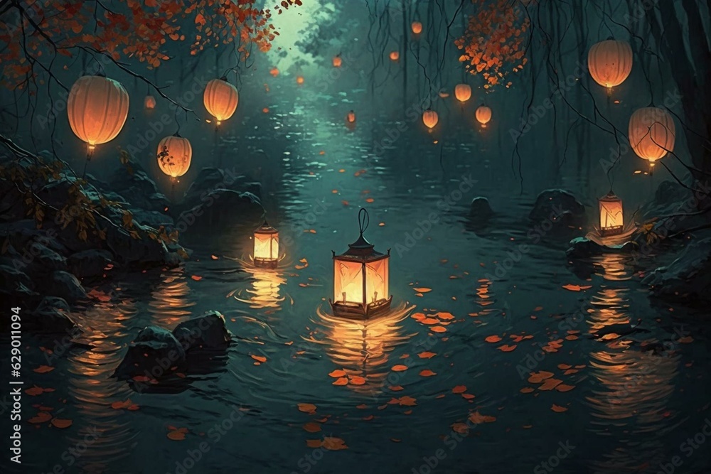 A painting featuring floating lanterns in water surrounded by a forest ...