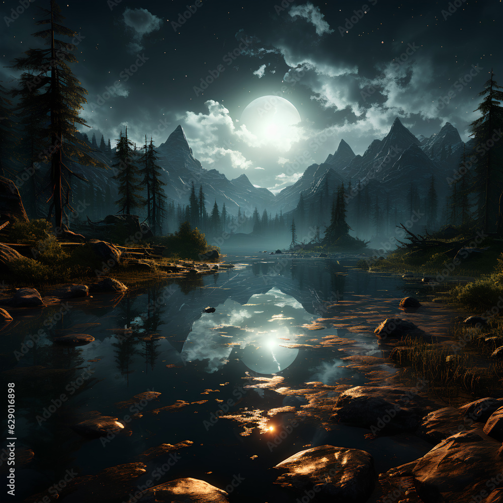 Night view of the beautiful lake in the cold moonlight, Created with ...