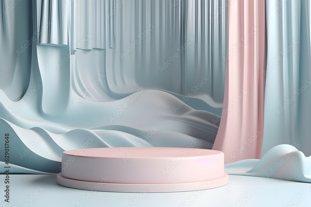3d render abstract platform podium on water and waving curtains ...