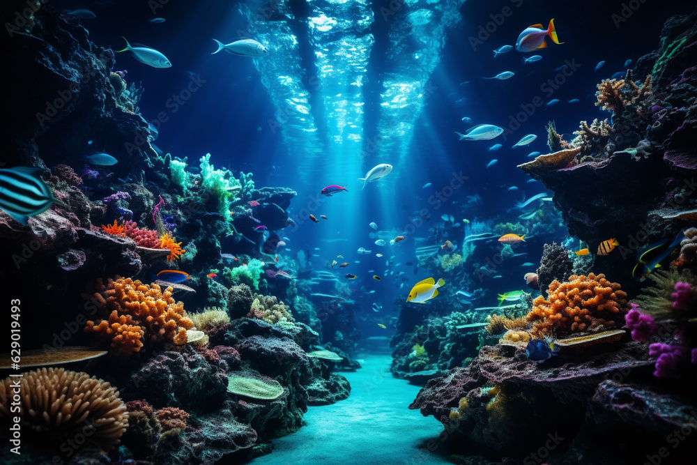 Underwater world with corals turtle fishes ocean inside. coral reef ...