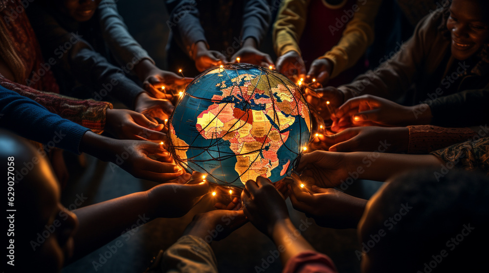 A global map forming from interconnected hands, representing ...