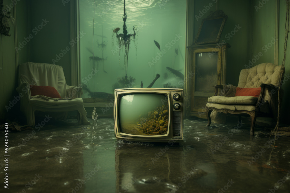 Old TV in abandoned ruined and flooded room. Destruction, insurance ...