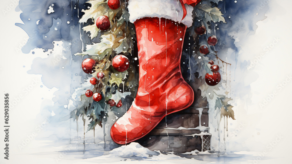 christmas stocking in watercolor clipart design isolated against ...