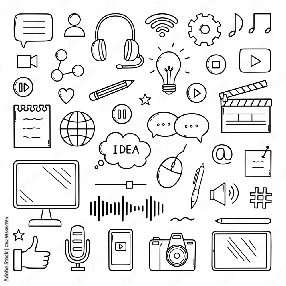 Content marketing doodle set. Digital marketing, content creator ...