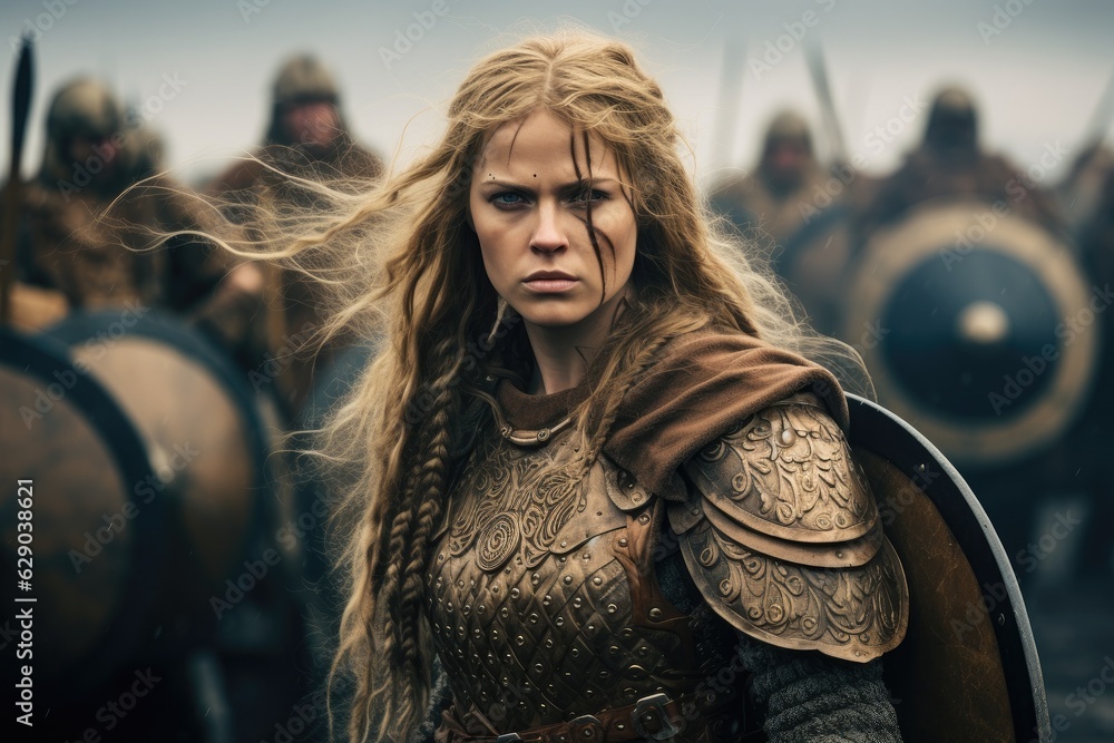 Portrait of an ancient female viking warrior with blonde hair, metal ...