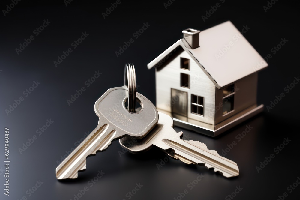 Key with a trinket in the form of a house in the door lock of an open ...