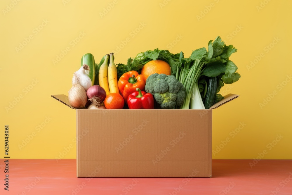 cardboard box with food. vegetables and fruits in a cardboard box. food ...