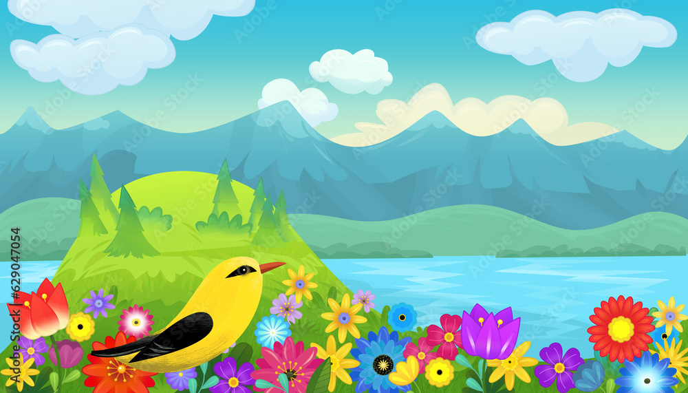 cartoon happy fairy tale scene with nature forest and funny bird on ...