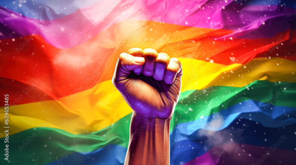 Showing hand fist isolated on rainbow LGBTQ flag background. LGBTQ ...