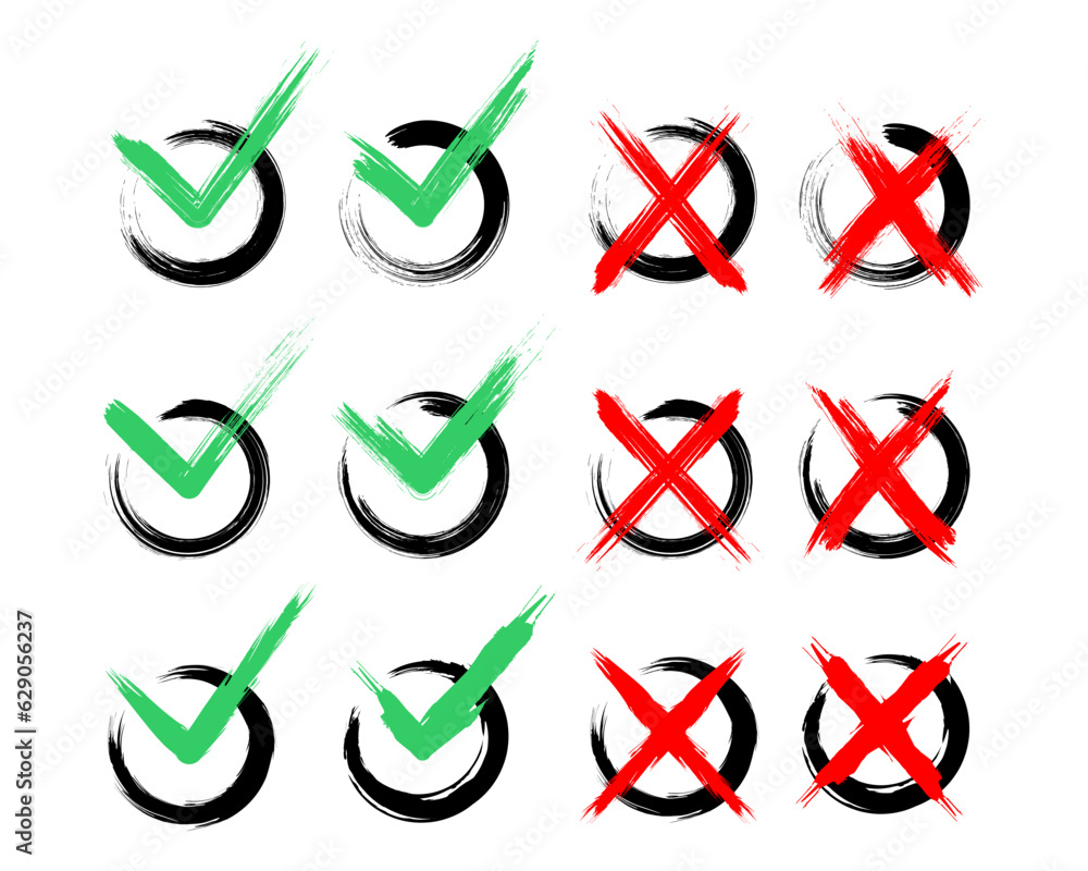 Check mark and wrong mark in brush stroke style icon set. Symbol for ...