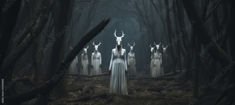 Group of deer head evil creepy creature at haunted foggy forest ...
