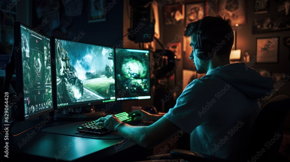 A Handsome Gamer Guy Gaming On His Pc Computer Console With Keyboard Mouse And Headphones In