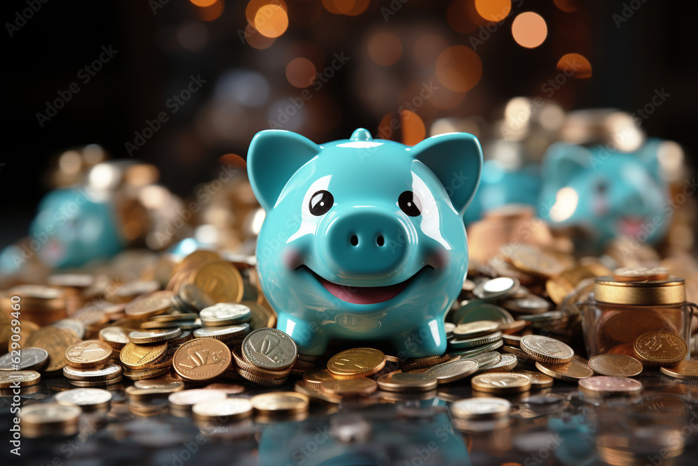 cascade of falling coins, multiple smiling blue piggy banks symbolize ...