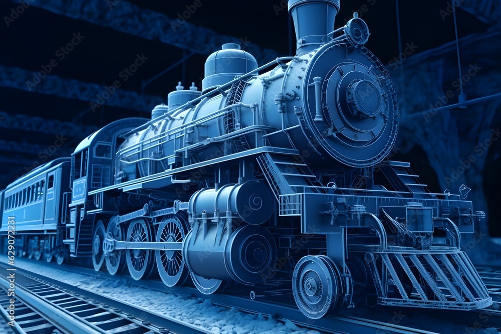 vintage engine train on a railway wireframe concept with Augmented ...