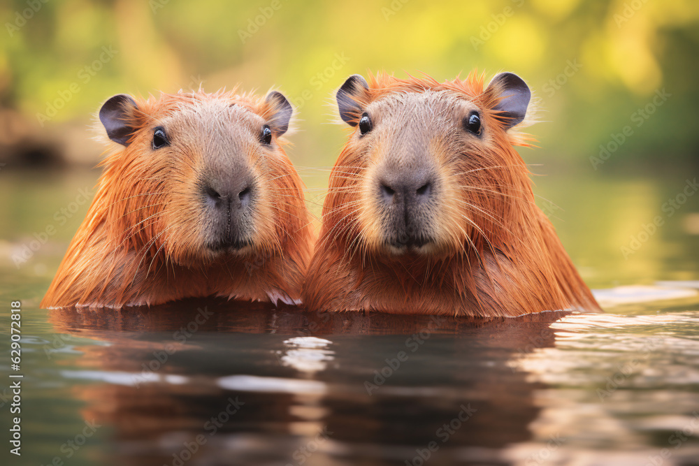 Two capybaras are standing next to each other in water, Exploring ...