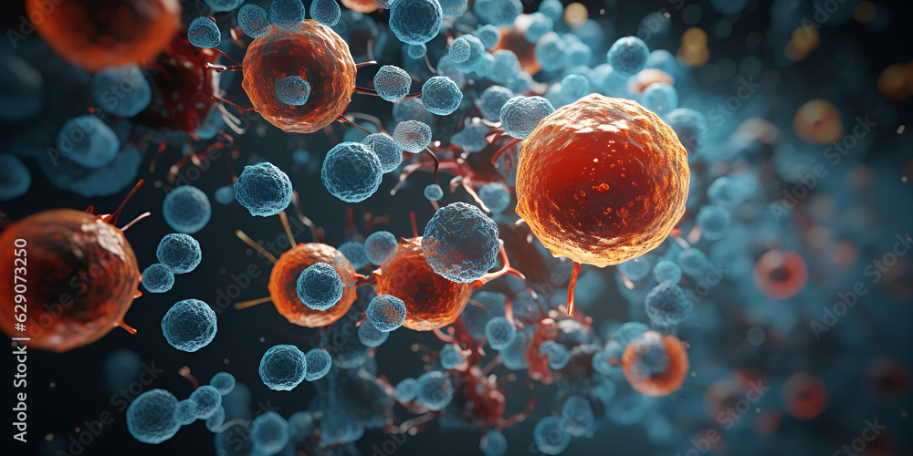 magnified view of T cells with vibrant colors representing their ...