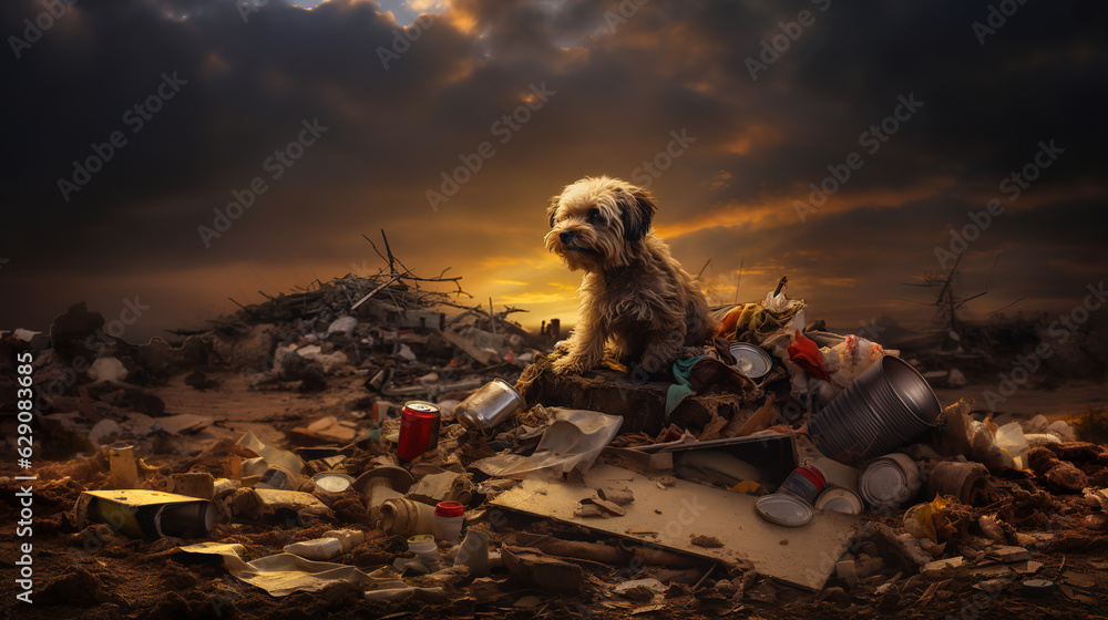 Dirty fluffy stray dog in a garbage dump. Enviromental issue about ...