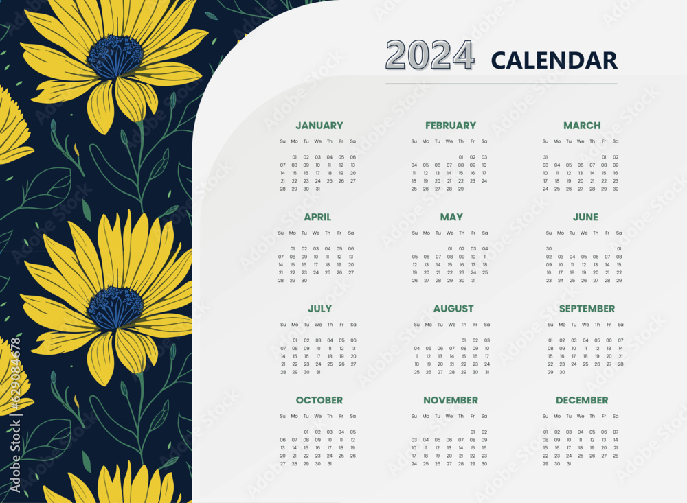 Happy New Year 2024 Calendar Design Modern Template, Wall and Desk ...