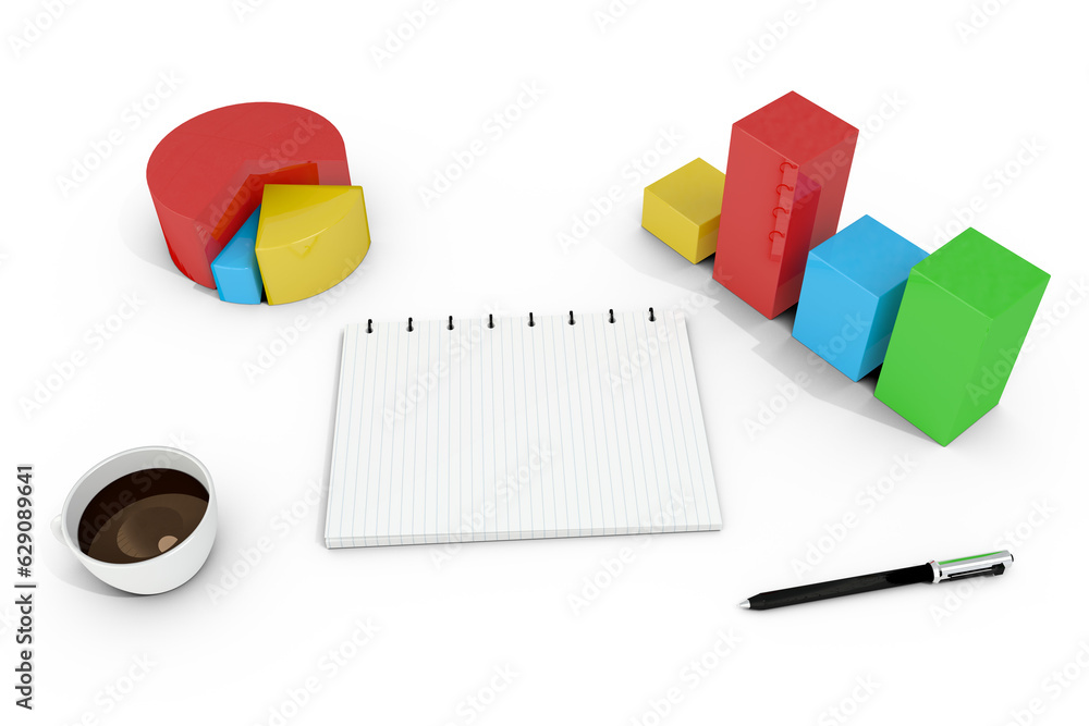 Digital png illustration of 3d charts and notebook on transparent ...