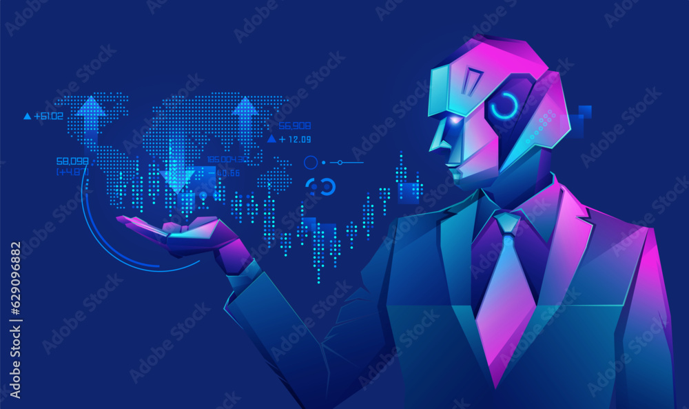 concept of robot trading technology, graphic of robot businessman using ...