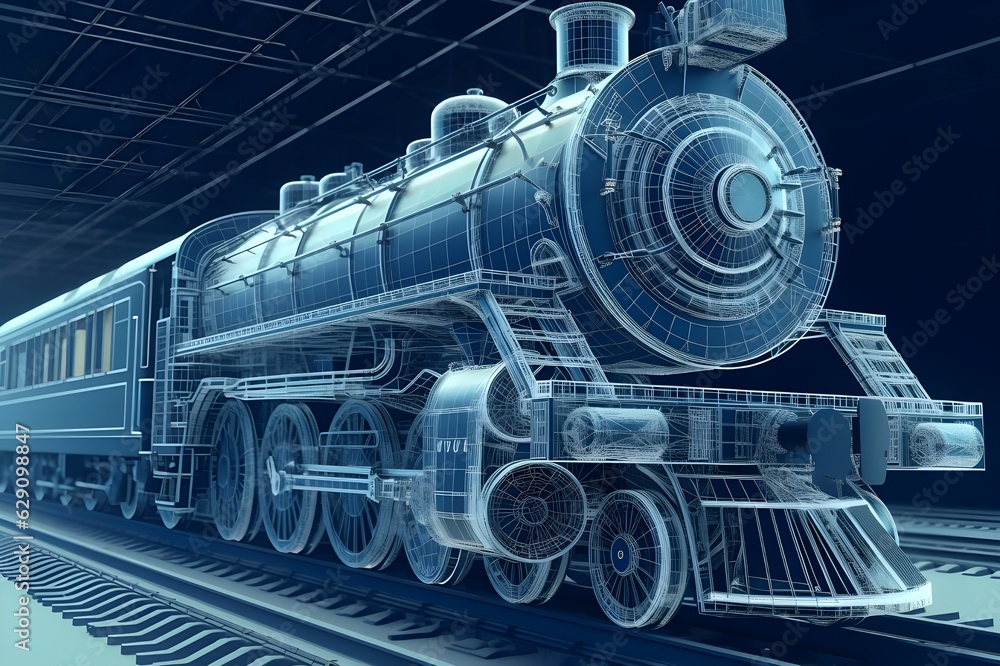 vintage steam engine train wireframe concept with Augmented reality ...