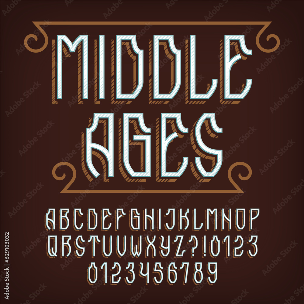 Middle Ages alphabet font. Medieval letters and numbers for label ...