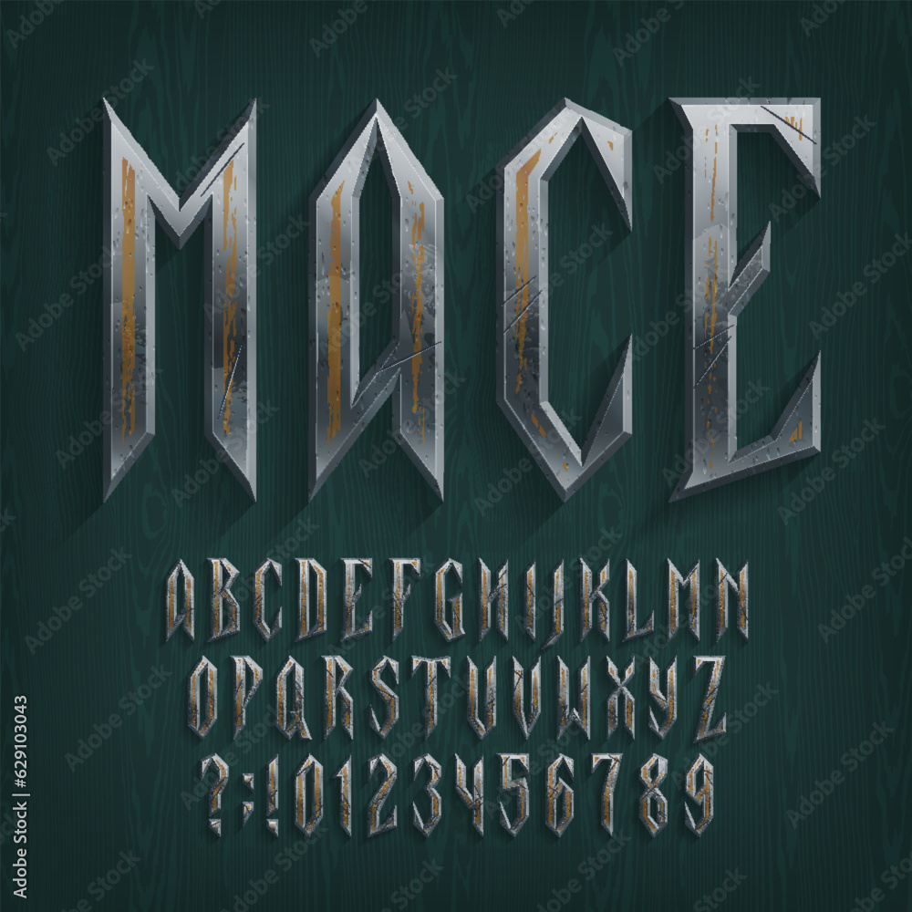 Mace alphabet font. Distressed metal letters and numbers on a wooden ...