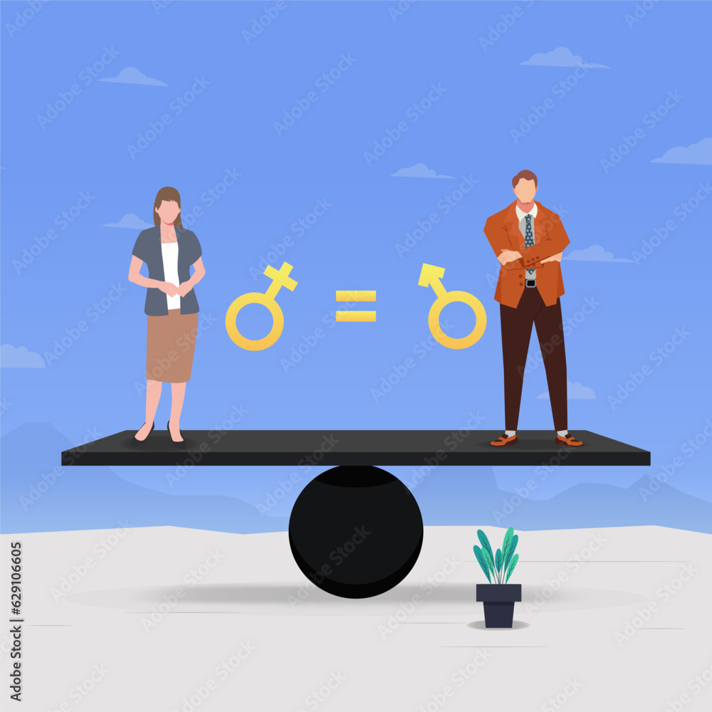 Female and male with gender symbols in balance scale. Gender equality and no discrimination ...