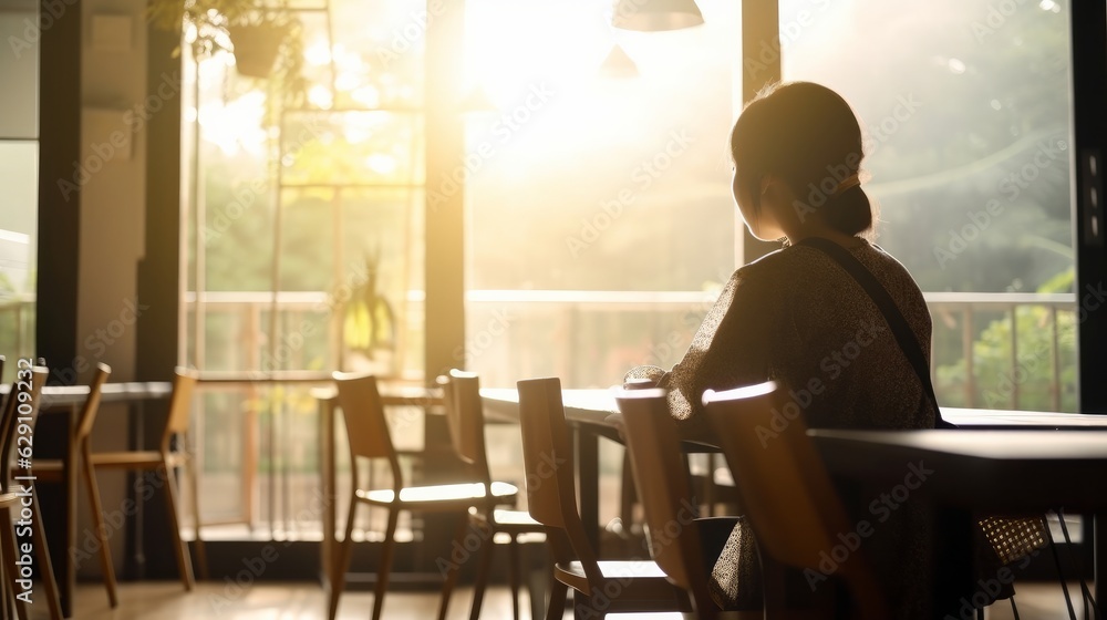 rear view woman sit relax casual working from cafe in sunset moment ...
