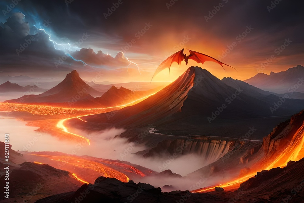 A fearsome Fire Dragon emerging from the molten lava of an erupting ...