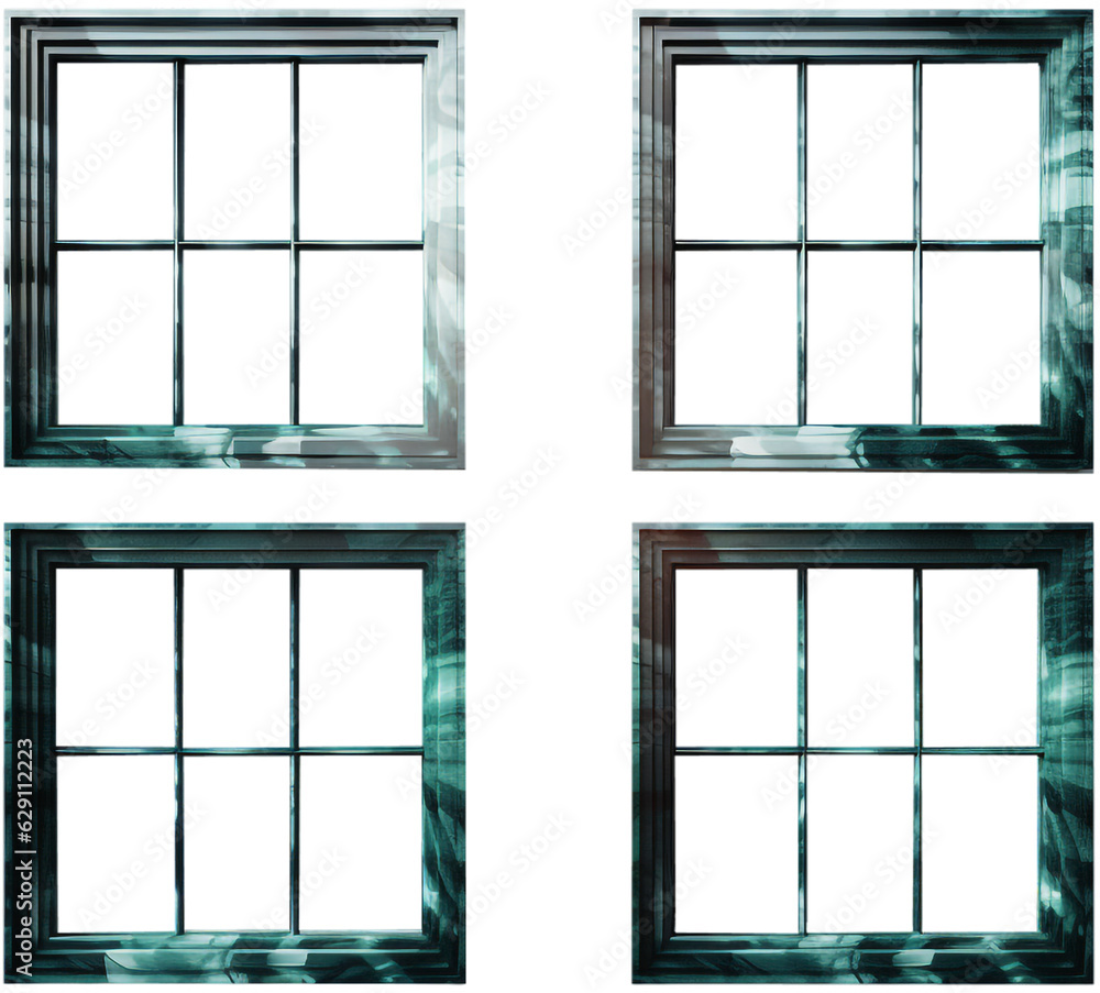 four green with pale touch weathered window frames with transparent see ...